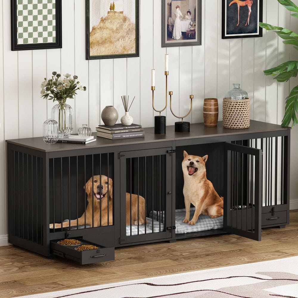 FUFU&GAGA Black Large Dog Crate with Dog Feeding Area, Indoor Furniture Style Dog Crate with ...