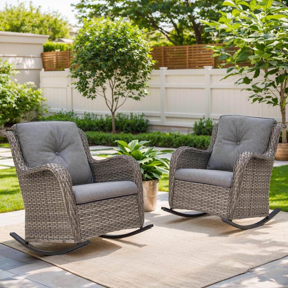 moosprr Arcline Gray Wicker Outdoor Rocking Chair with Gray Cushions ...