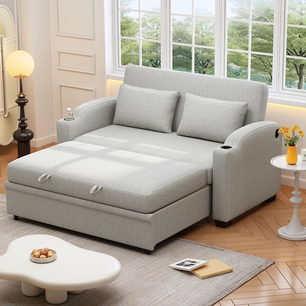 Nestfair 34.65 in. White and Gray Chenille 2-Seater Pull Out Full Size Sofa Bed with Adjustable ...