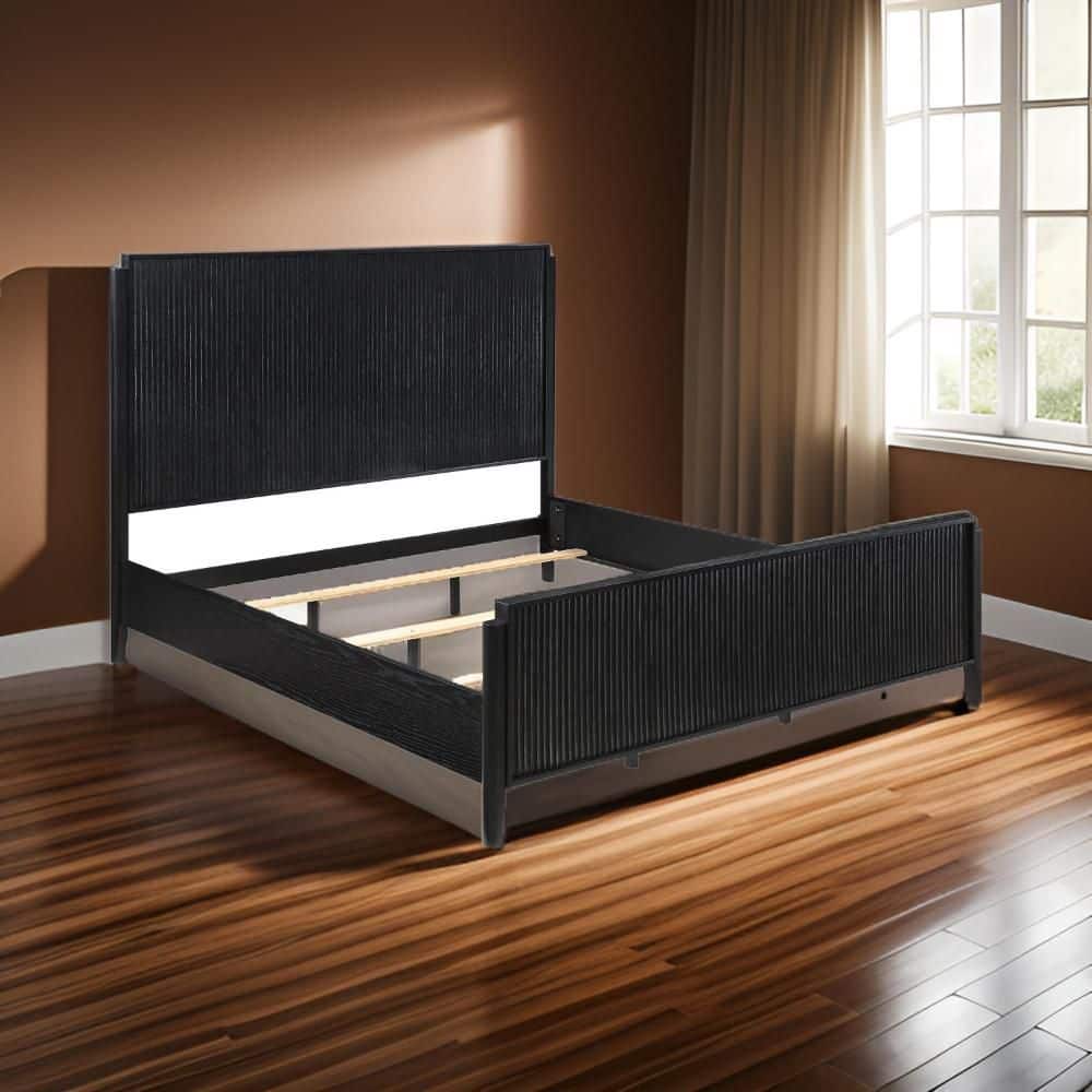 Benjara Jack Black Wood Frame King Panel Bed with Tapered Legs and ...