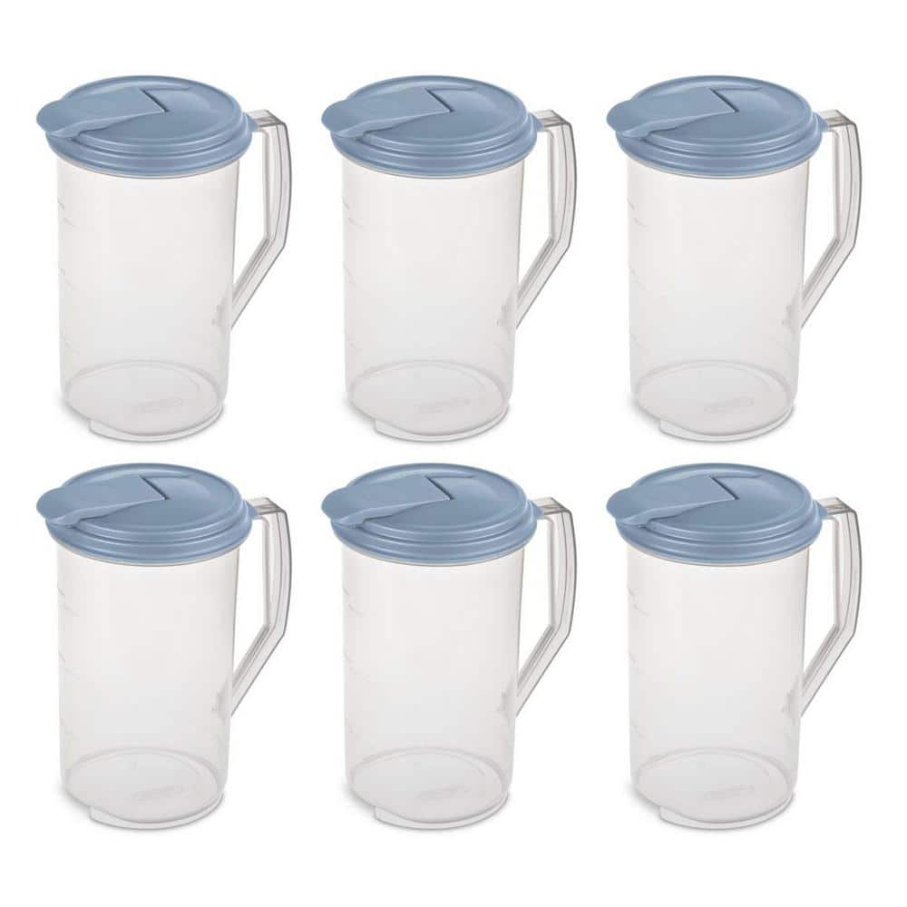Sterilite 64 fl. oz. Clear Plastic Pitcher with Washed Blue Leak-Proof ...