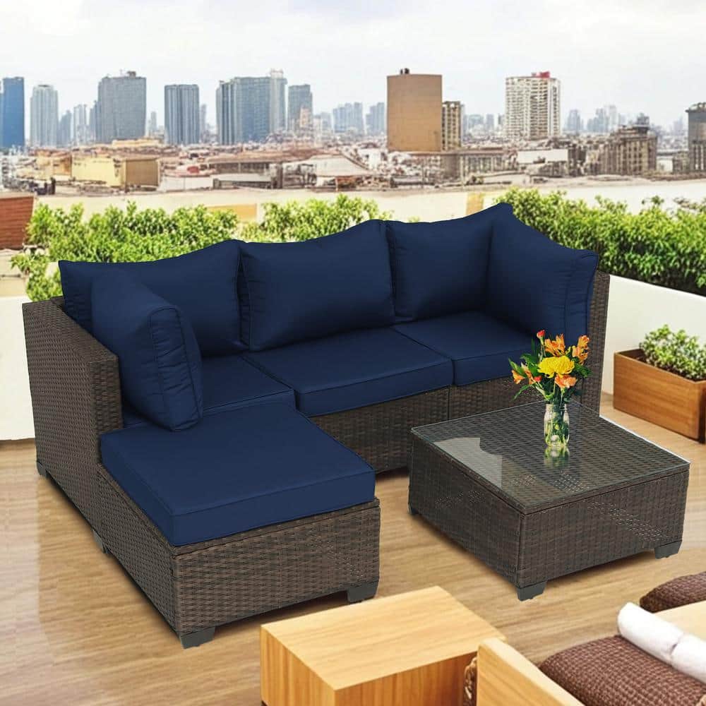 Cesicia Brown 5-Piece Wicker Outdoor Sectional Set with Dark Blue ...