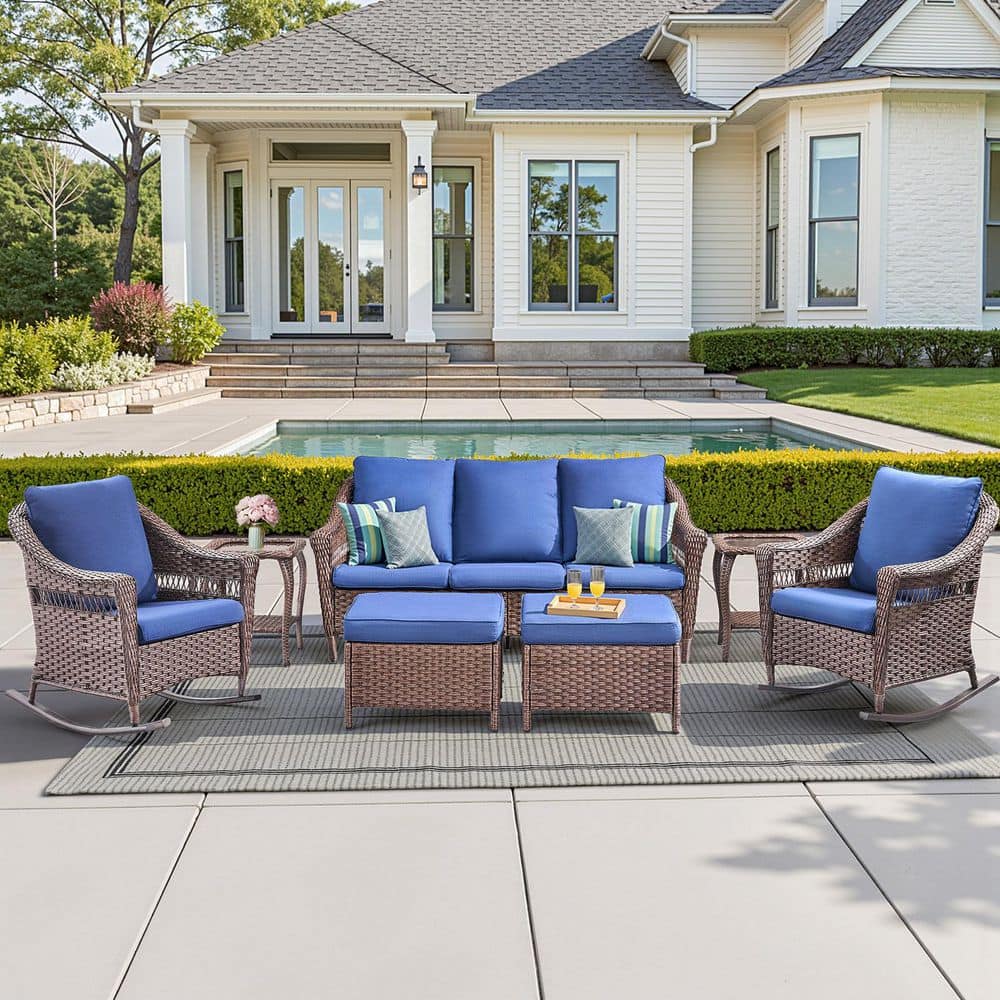 Buenaola 7-Piece Brown Wicker Outdoor Rocking Chair Patio Furniture Set ...