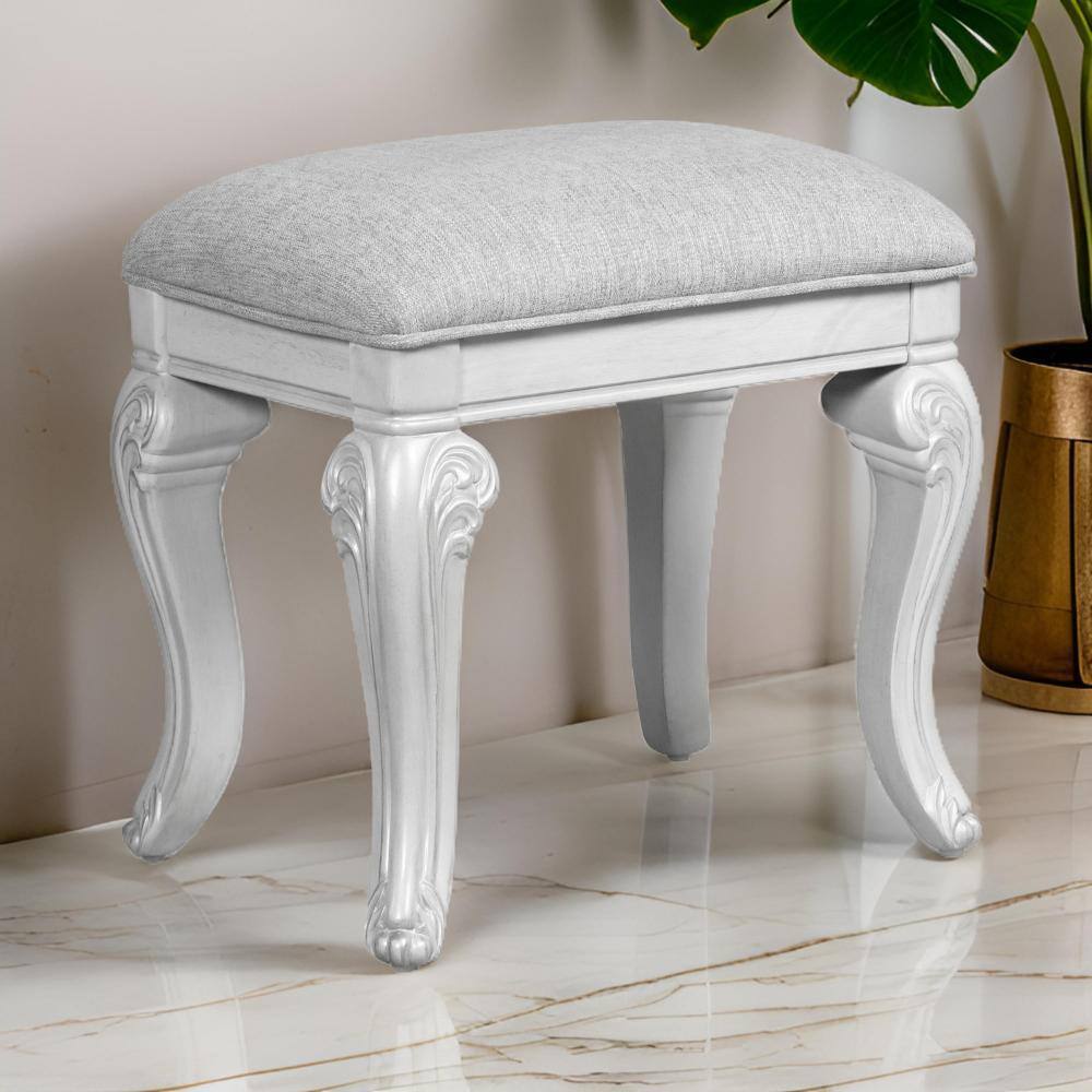 Benjara 5.63 in. Gray Low Back Wooden Vanity Stool with Fabric Seat ...