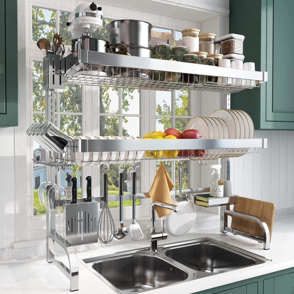 JASIWAY 2-Tier Stainless Steel Dish Rack With Adjustable Height Design ...