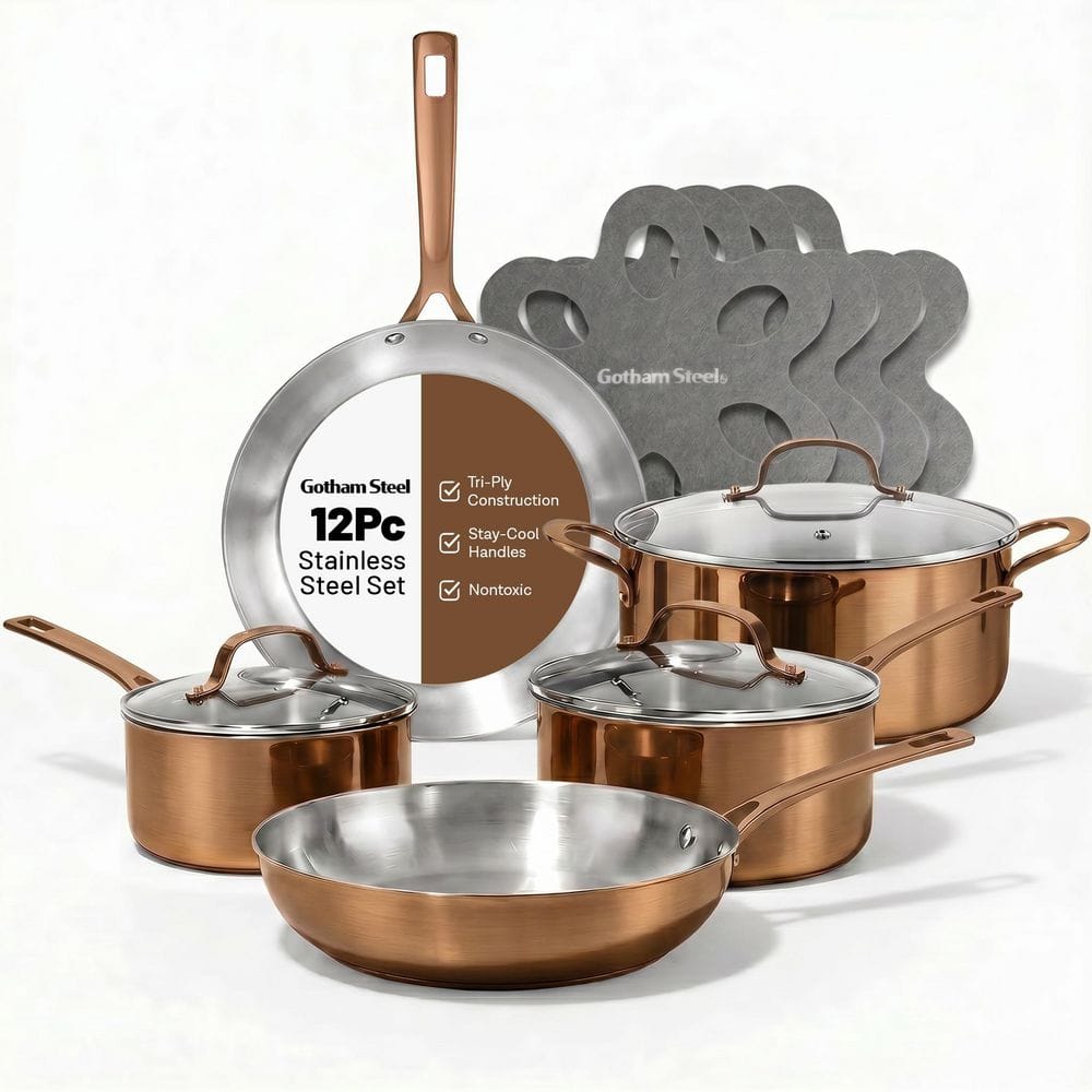 Gotham Steel 12-Piece Copper/Stainless Steel Tri-Ply Cookware Set with ...