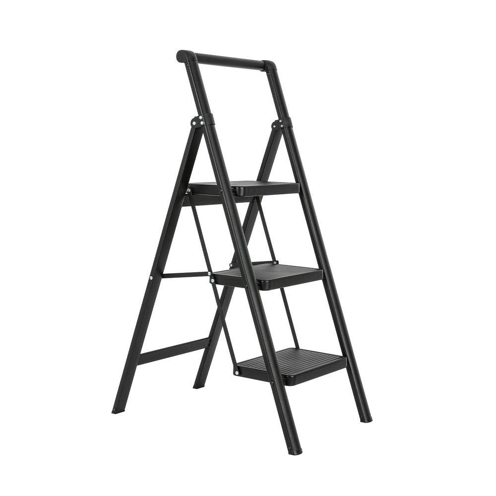 maocao hoom Black Iron, Foldable Non-Slip 3-Step Ladder 3.4 ft. Reach ...
