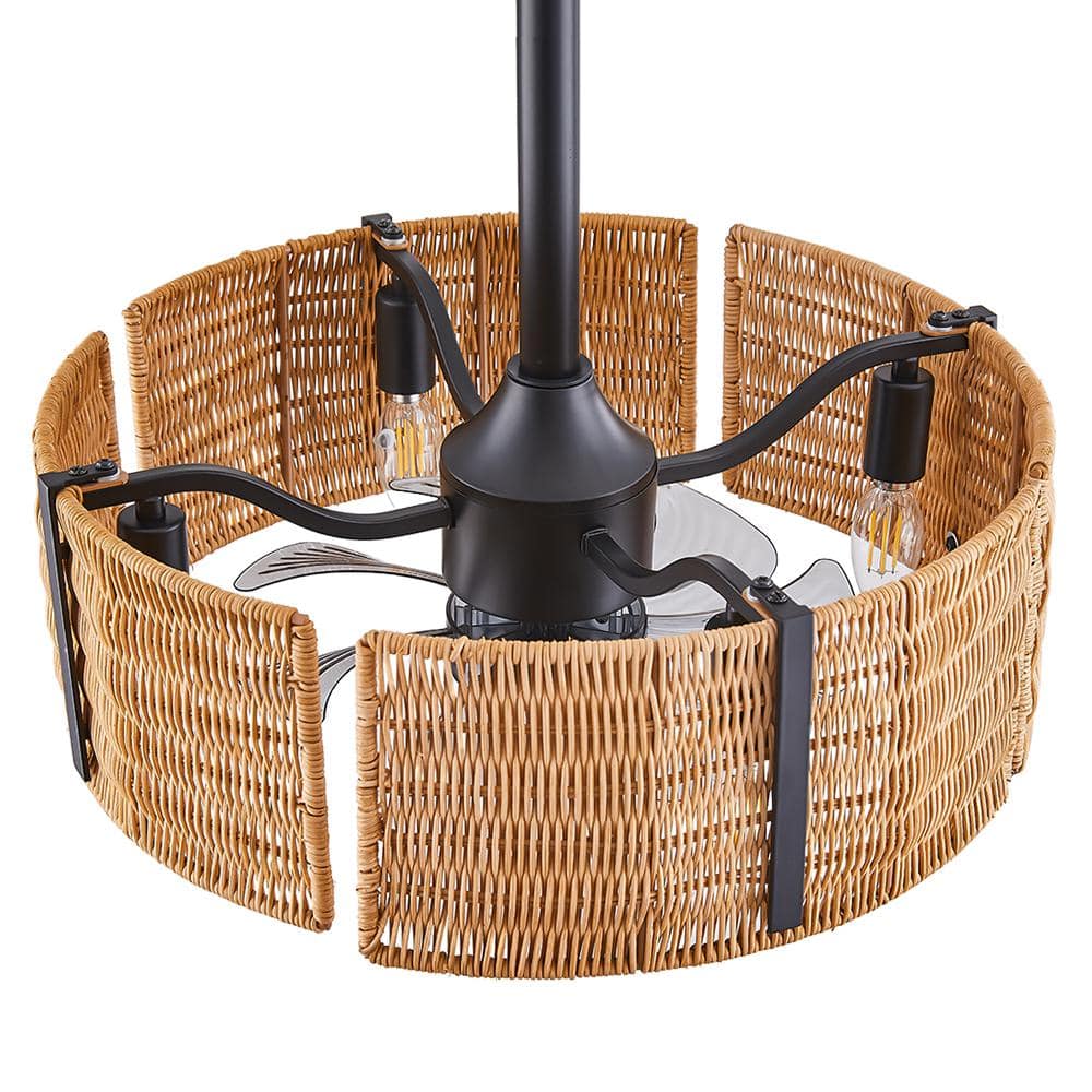 MLiAN 18.1 in. Black Ratten Caged indoor Ceiling Fan with Light and ...