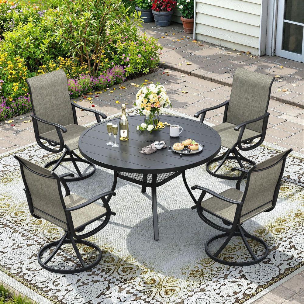 vicllax 5 Piece Metal Patio Dining Set with 4 Brown Textilene Swivel ...