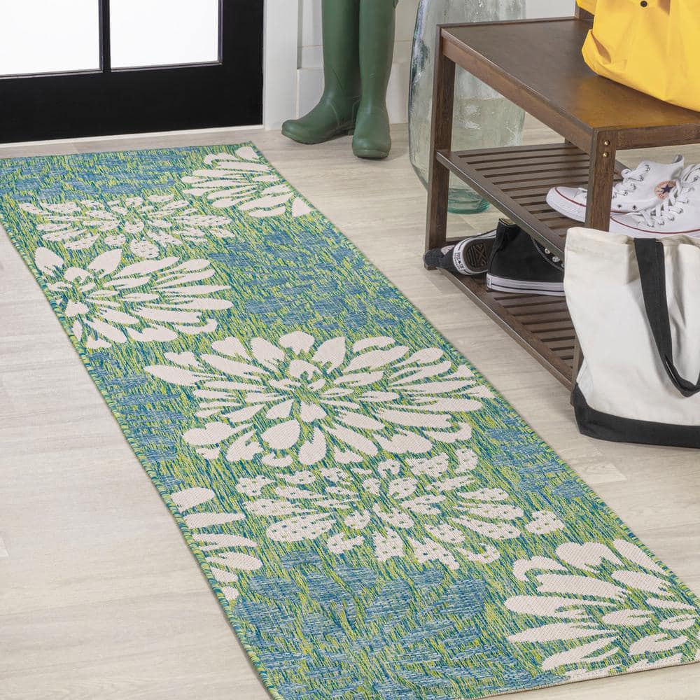 JONATHAN Y Zinnia Modern Floral Textured Weave Cream/Green 2 ft. x 8 ft ...