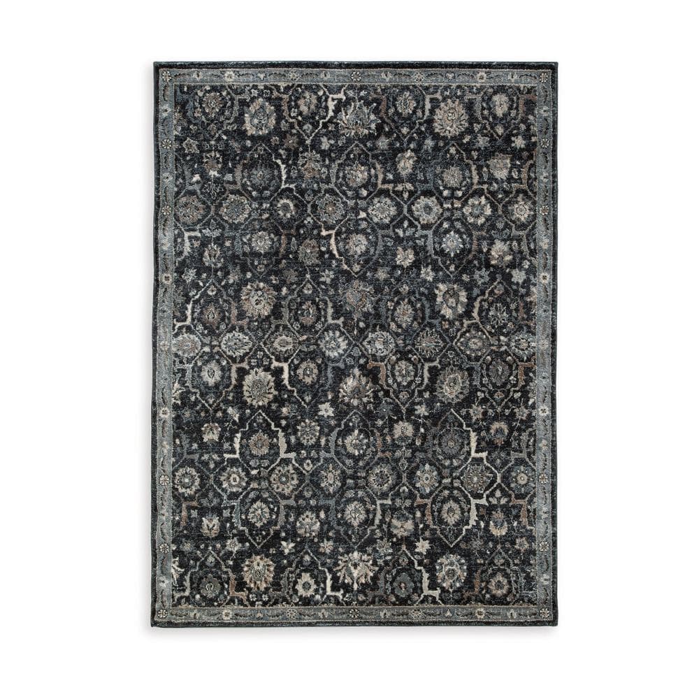 Benjara Hiy Blue, Cream and Brown 5 ft. x 7 ft. Geometric Area Rug ...