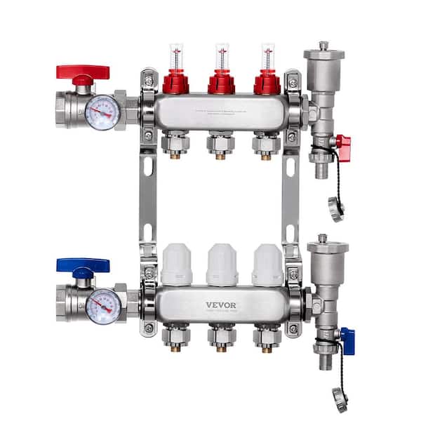 VEVOR 3-Branch Radiant Heat Manifold,1/2 in. PEX Tubing Manifold ...
