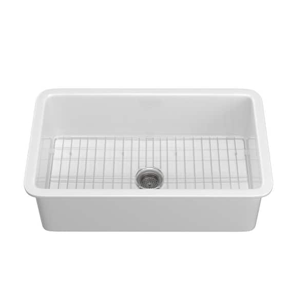 Zeafive 32 in. Undermount Kitchen Sink White Single Bowl Fireclay Deep ...