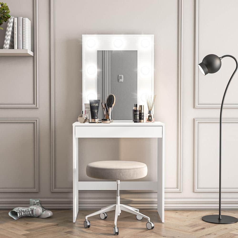 Polifurniture Emma White 1 Drawer Makeup Vanity with Lighted Mirror ...