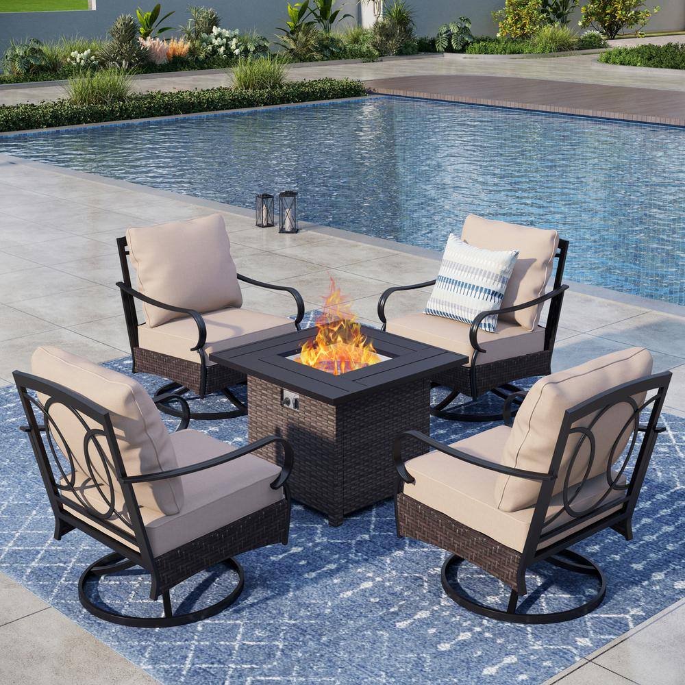 PHI VILLA Brown Rattan Wicker 4 Seat 5-Piece Steel Outdoor Fire Pit ...