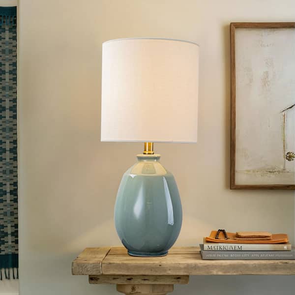 C Cattleya 19.75 in. Plug-In Green Ceramic Table Lamp with White Linen ...