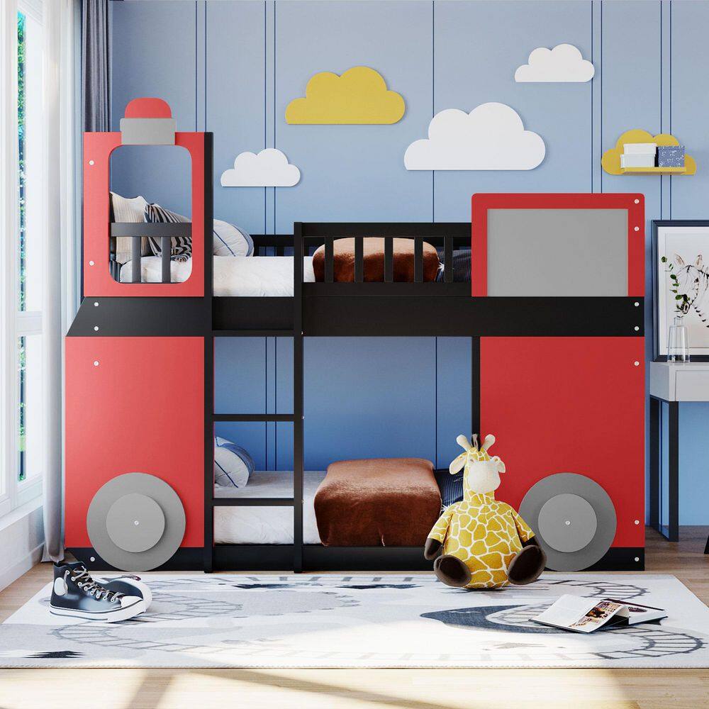 GODEER Red Twin Size Bunk Bed Wooden Bed, Train Shape Design ...