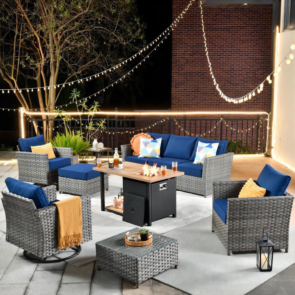 weaxty W Warner Gray 10-Piece Wicker Patio Fire Pit Conversation Set ...