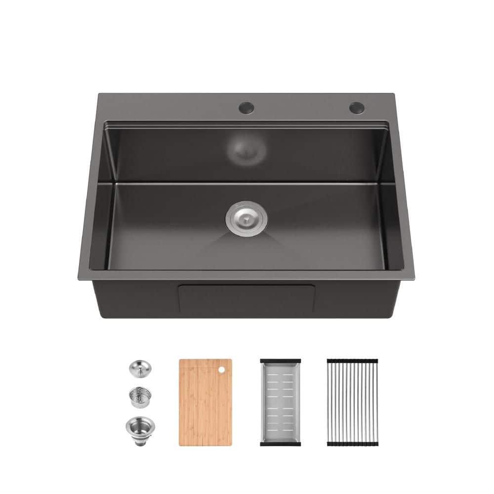 Amucolo 30 in. Drop-In Single Bowl Black Stainless Steel Kitchen Sink ...