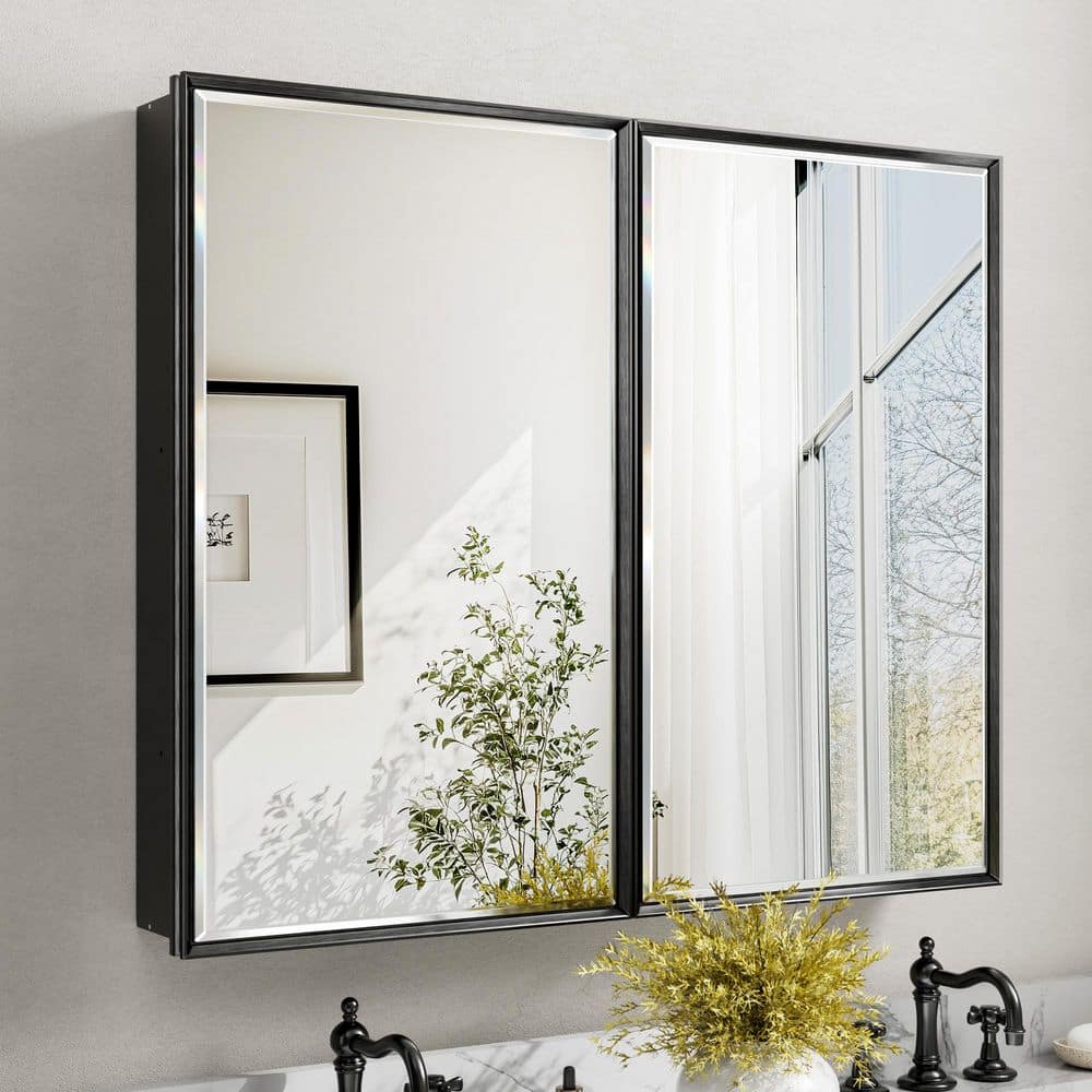 QueenFun Musey 40 in. W x 30 in. H Black Rectangular Aluminum Recessed ...