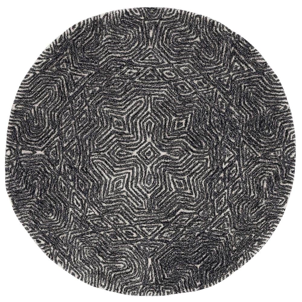 SAFAVIEH Micro-Loop Ivory/Black 5 ft. x 5 ft. Geometric Striped Round ...