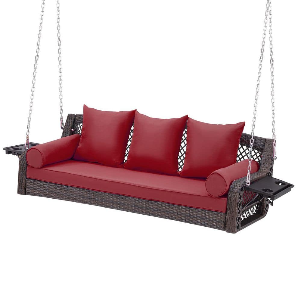 3-Seat Brown Double Ribs Wicker Outdoor Porch Swing Patio Swing Chairs ...