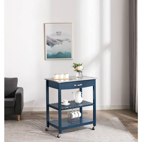 Boraam Holland Navy Blue Kitchen Cart with Stainless Steel Top 50659 ...