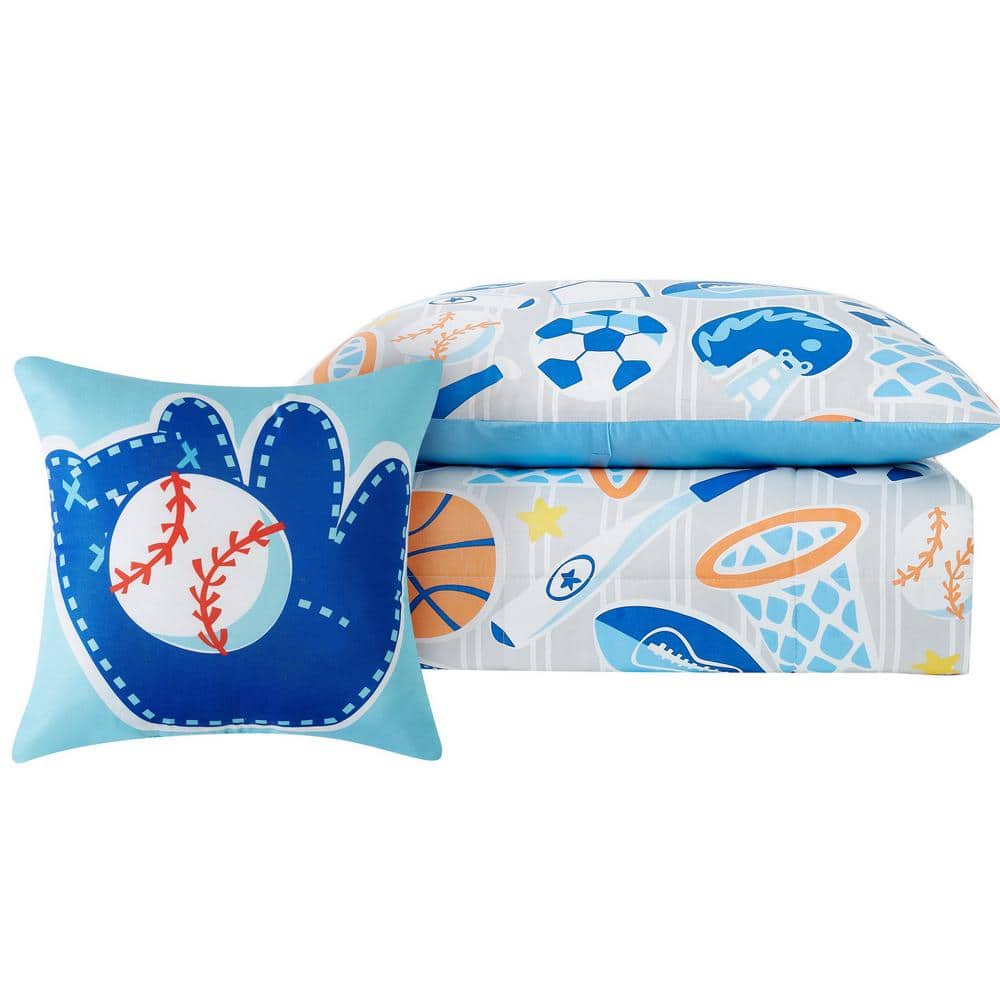 My World All Star 4-Piece Grey and Blue Microfiber Full Comforter Set ...