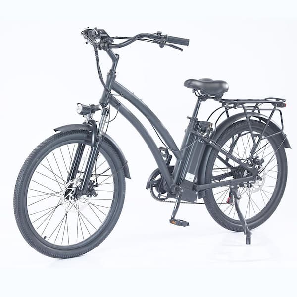 26 in. Dark Gray 7 Speed Mountain Electric Bike with Cruise Control Rear Rack, Fenders, 500W ...