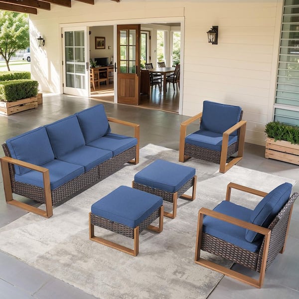 moosprr Cube Edge 5-Piece Brown Wicker Patio Conversation Set with ...