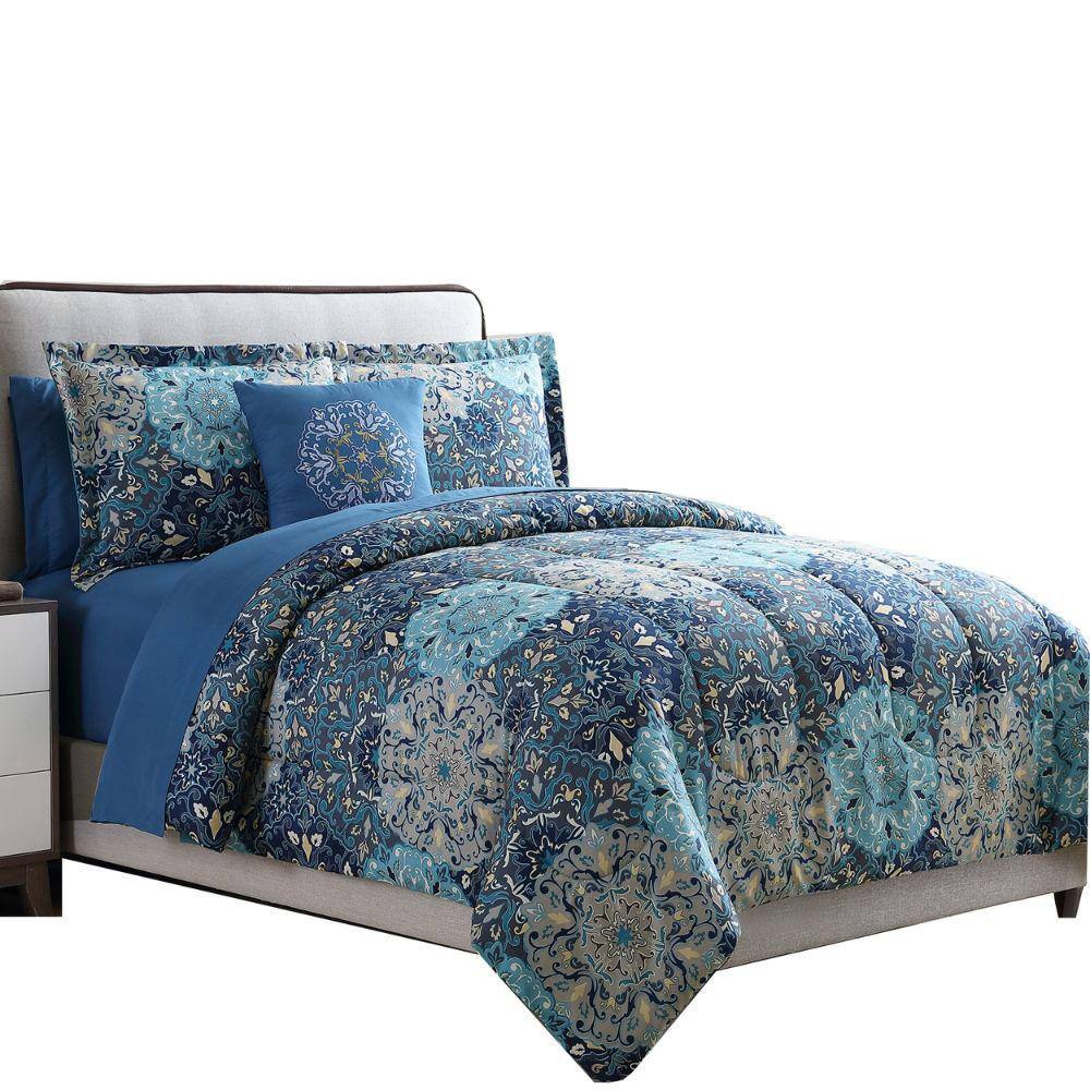Benjara Blue Fabric Frame King Platform Bed with Intricate Flower Print ...