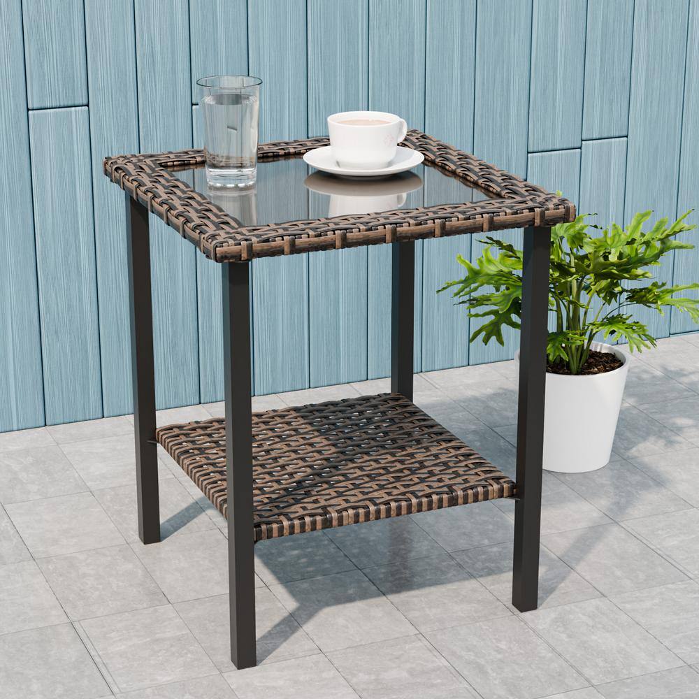 EAGLE PEAK Multi-Brown PE Wicker 22 in. Outdoor Patio Square Side Table ...