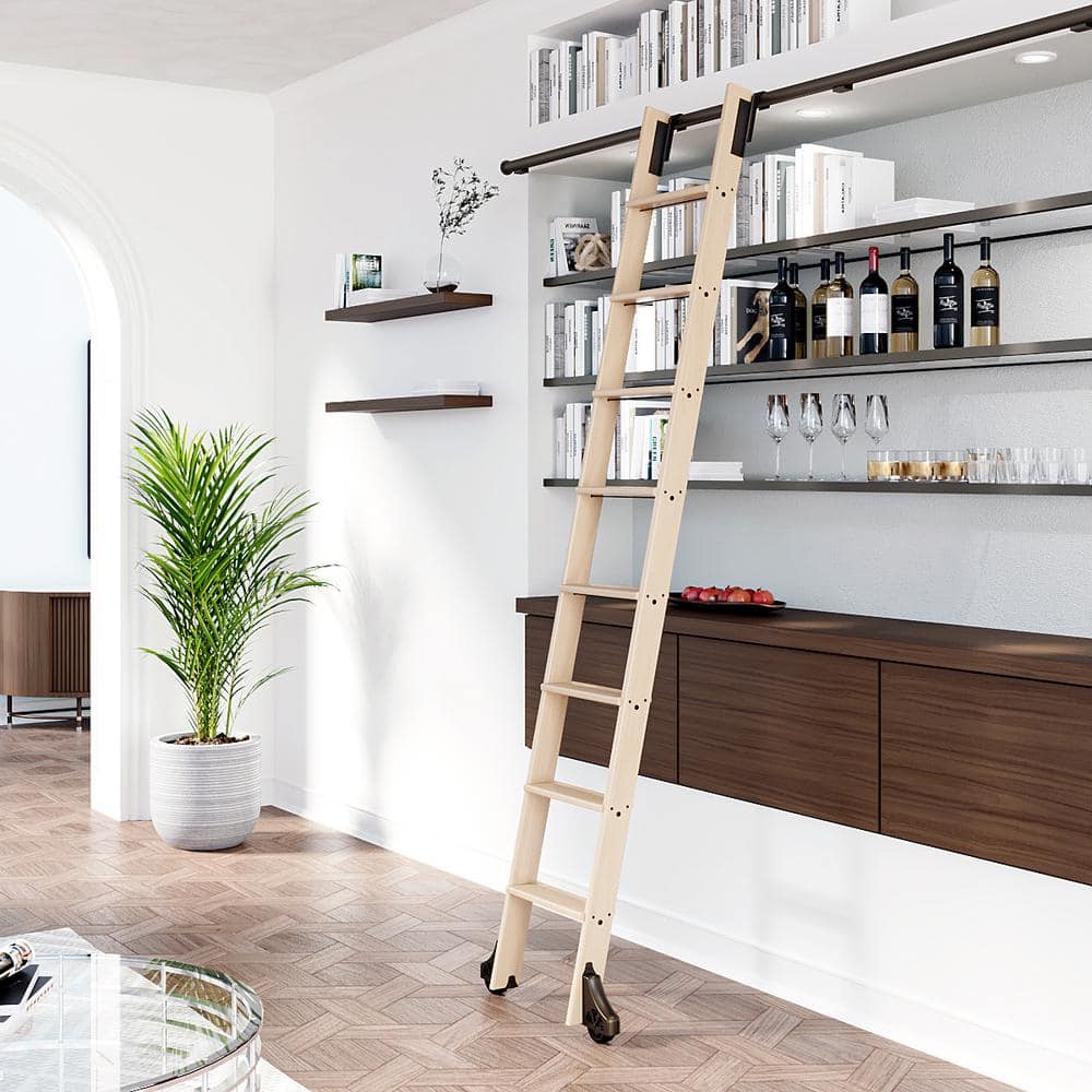 MEADOW LANE 107 in. Clear Pre-Finished Maple Library Ladder (119 in ...