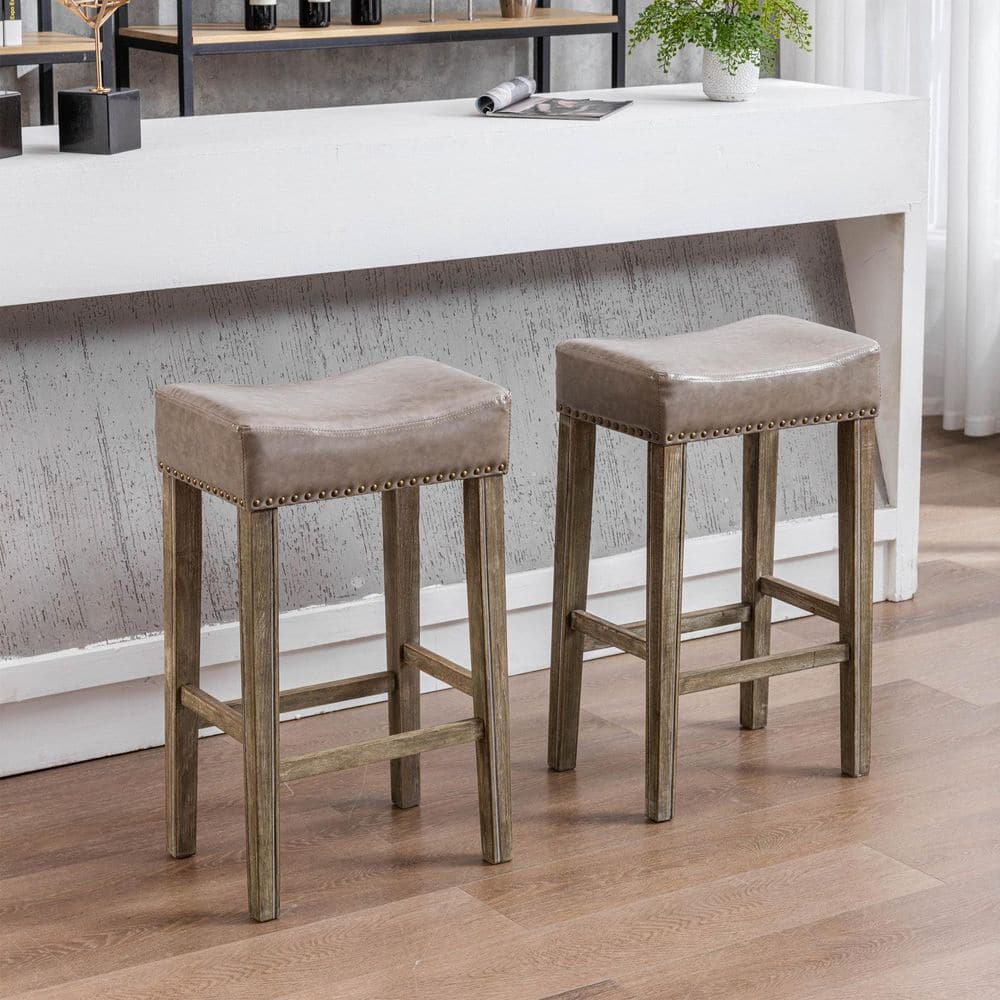 Huluwat 29 in. Light Gray Backless Wood Frame Bar Stool with Faux ...