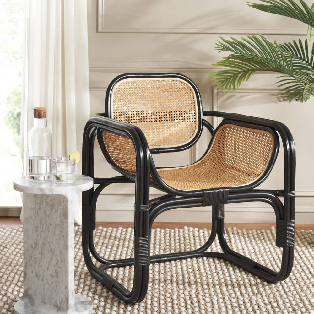 SAFAVIEH Nadie Natural Lacquer/Natural Rattan Pole Round Arm Chair ...