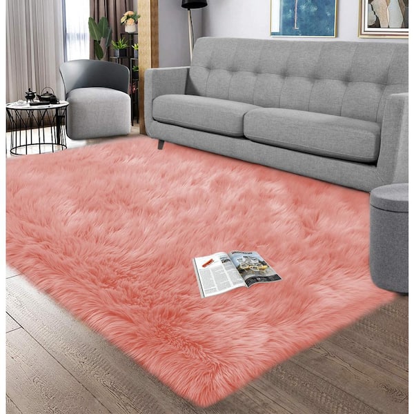 iliebe Sheepskin Faux Furry Pink Fluffy Rugs 5 ft. x 6 ft. 6 in. Area ...