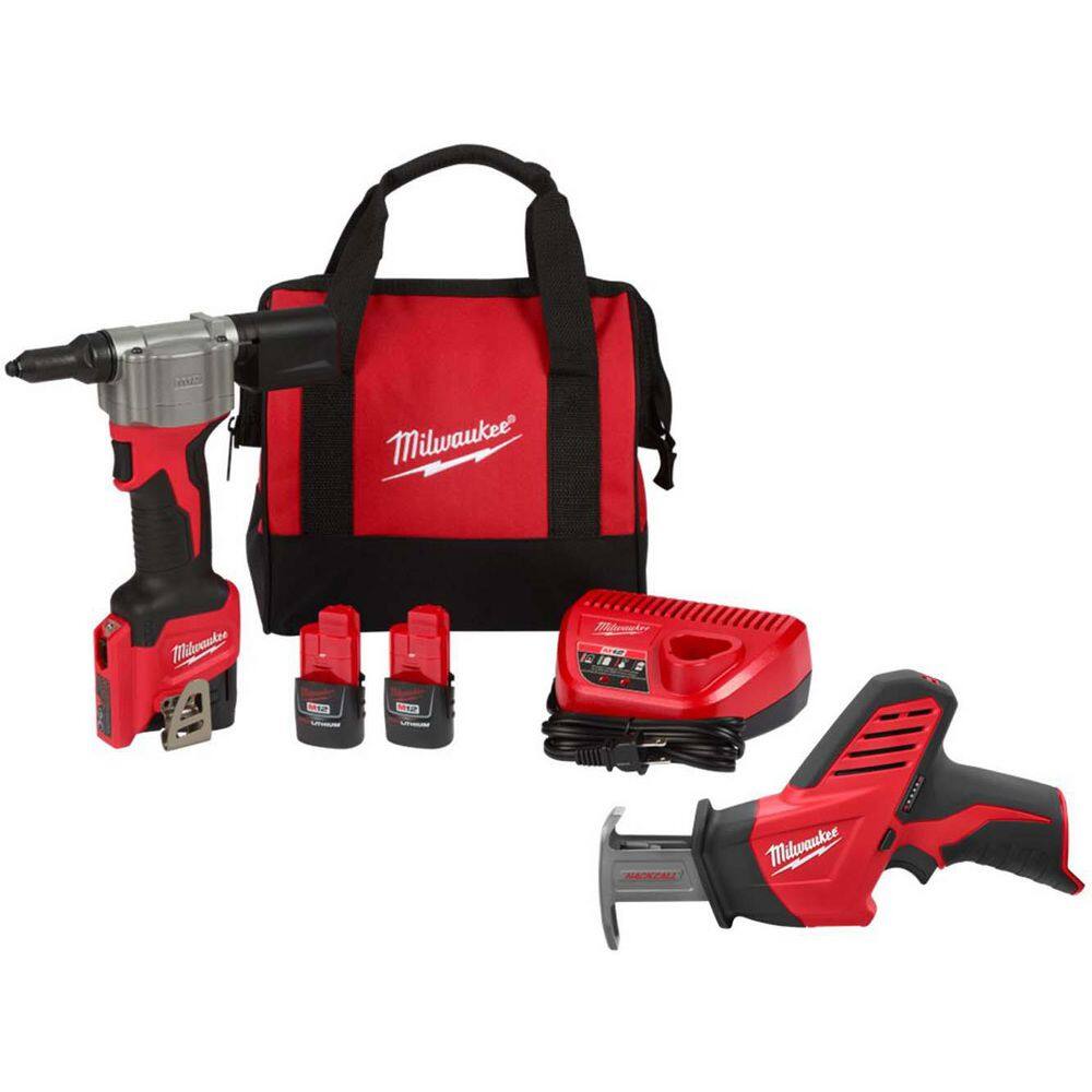 Milwaukee M12 12-Volt Lithium-Ion Cordless Rivet Tool Kit with (2) 1 ...