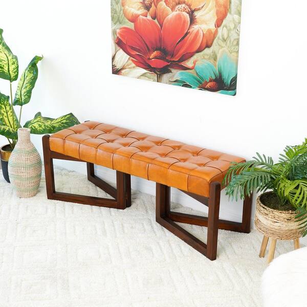 Pearland Mid Century Modern Upholstered Leather Bench in Tan
