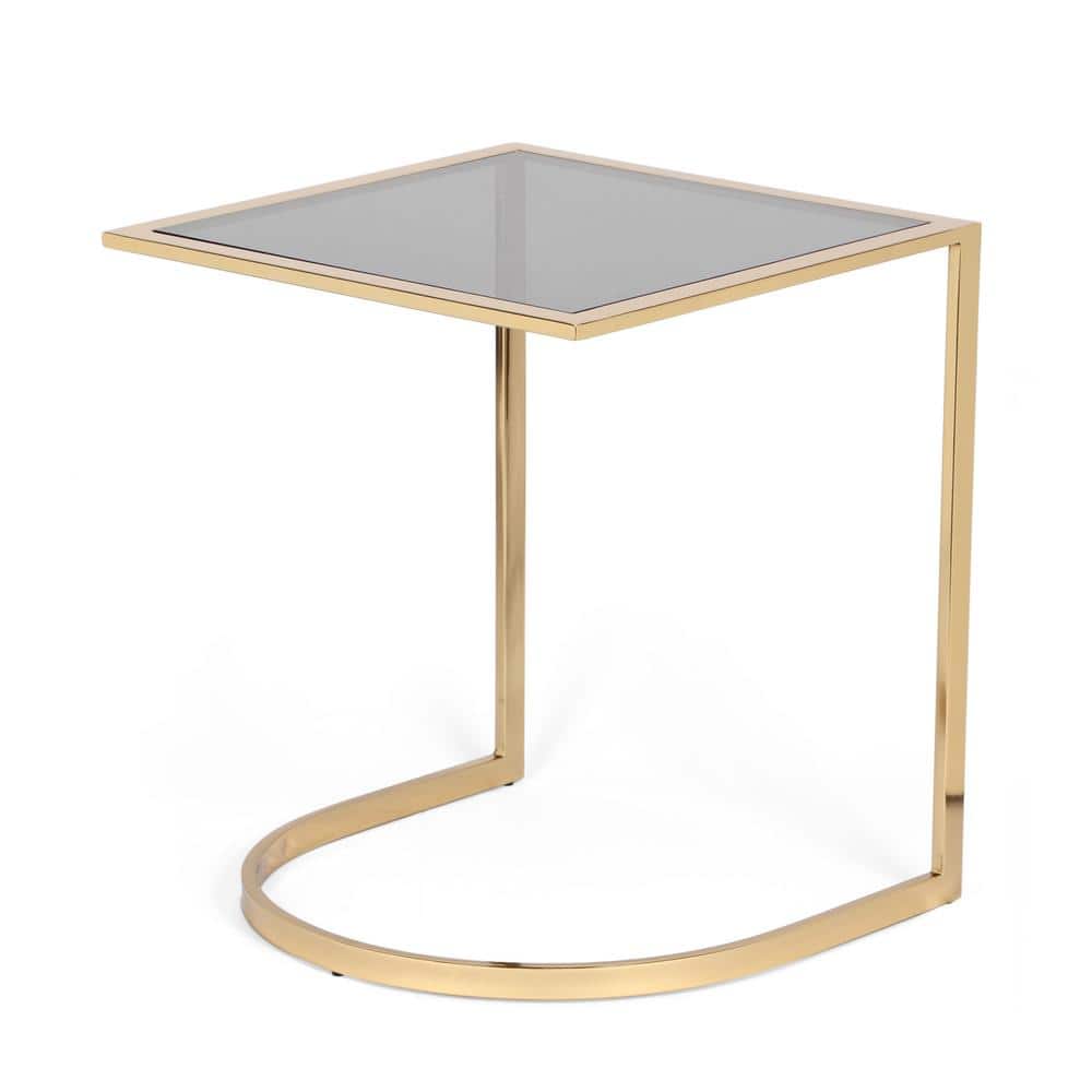Noble House Cowger 17.75 in. Black and Brass C-Shaped Glass Top Side ...