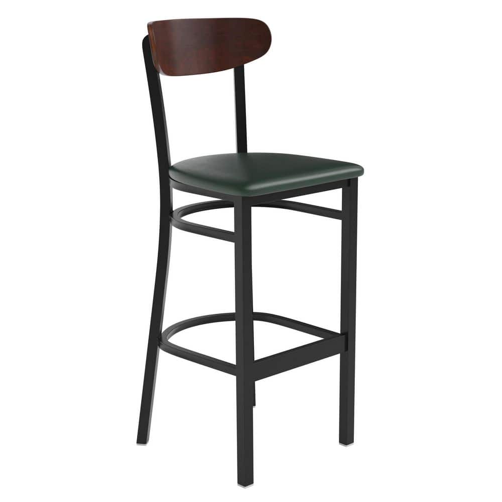 Carnegy Avenue 32 in. Walnut Wood Back/Green Vinyl Seat Full Metal Bar ...