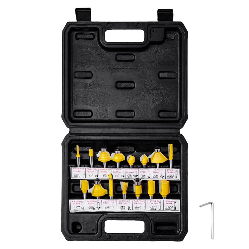 VEVOR Router Bits Set 15-Pieces Carbide Router Bit Kit 1/4 in. Shank ...
