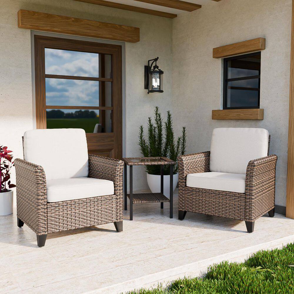 COOS BAY Brown 3-Piece Rattan Wicker Outdoor Outdoor Bistro Set with White Cushions, Patio ...