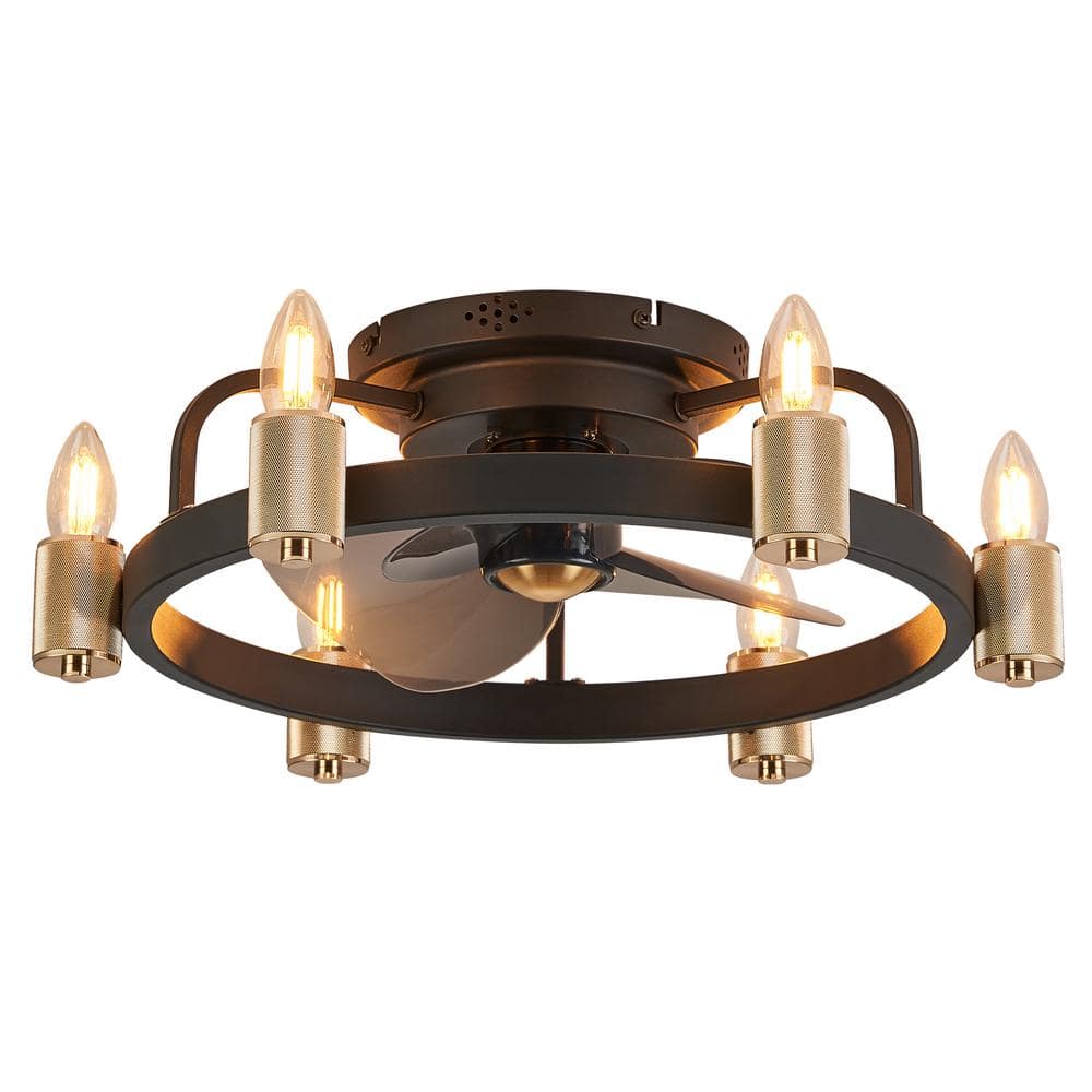 FANNEHONNE 20 in. Black Flush Mount Caged Ceiling Fan with Lights and ...