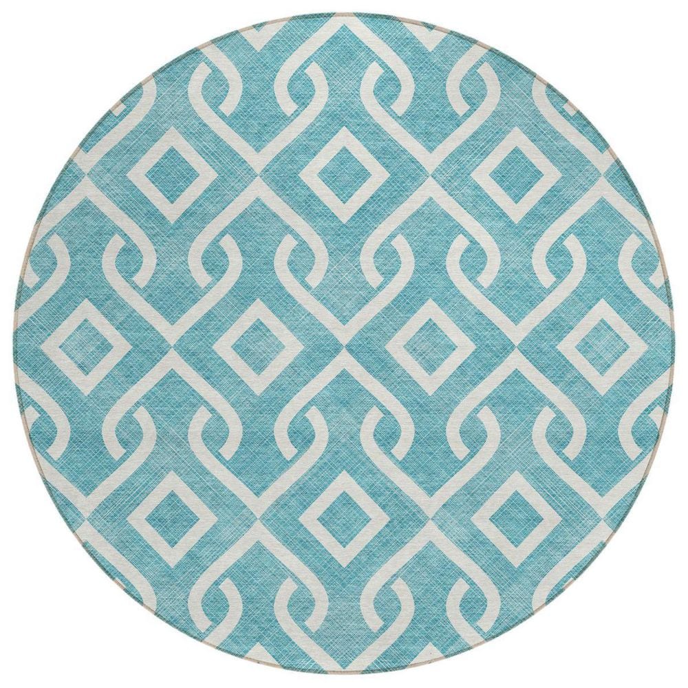 HomeRoots Teal Blue, Ivory 8 ft. Round Woven Geometric Polyester Round ...