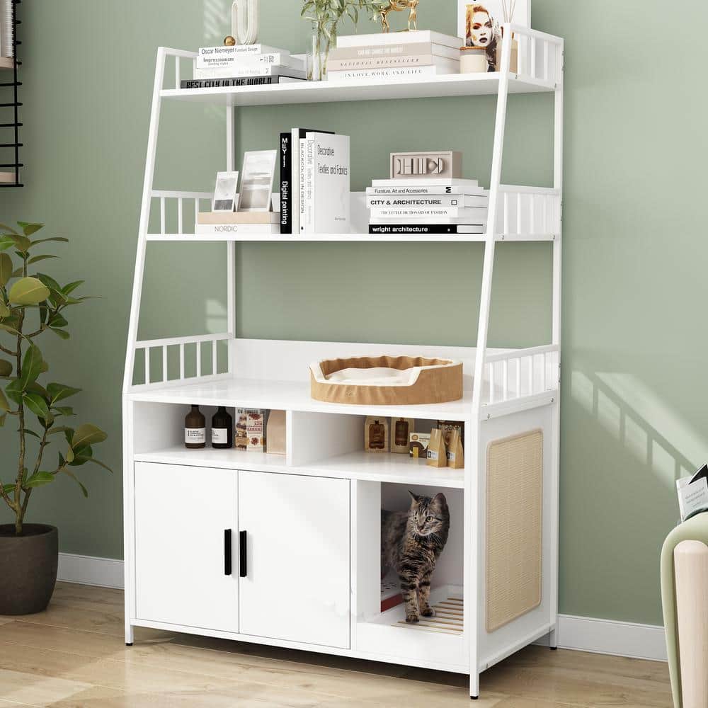 FUFU&GAGA White Large Wood Cat House Cabinet with Side Scratch Multi ...