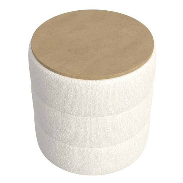 Benjara Mona Ivory and Brown Fabric Round Storage Ottoman BM334043 ...