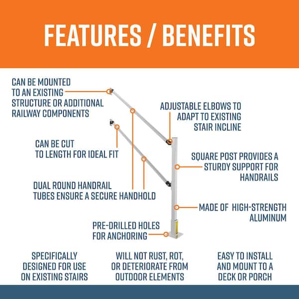 EZ-ACCESS RAILWAY Aluminum Modular Handrail Kit, Post with 5 ft. Stair ...