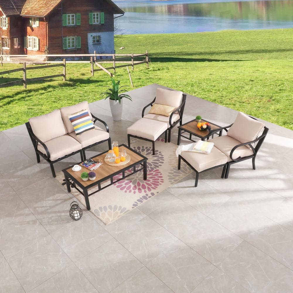 Patio Festival 8-Piece Metal Patio Conversation Set with Beige Cushions ...
