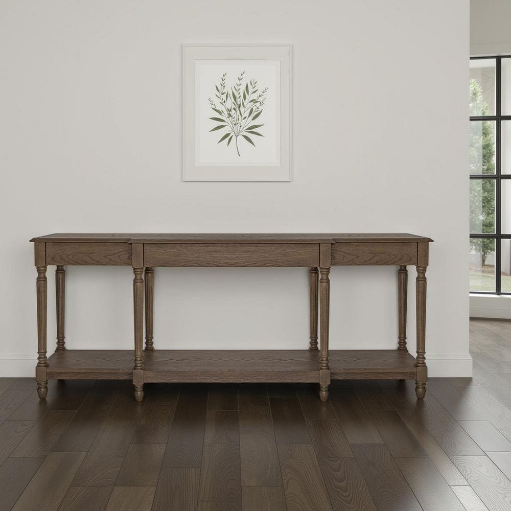 NADAAL STUDIOS Laziel 80 in. Brown Rectangle Oak Wood Console Table with Overhang and Turned Leg ...