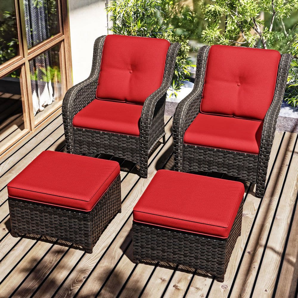 JOYSIDE 4-Piece Wicker Outdoor Patio Conversation Set with Red Cushions ...